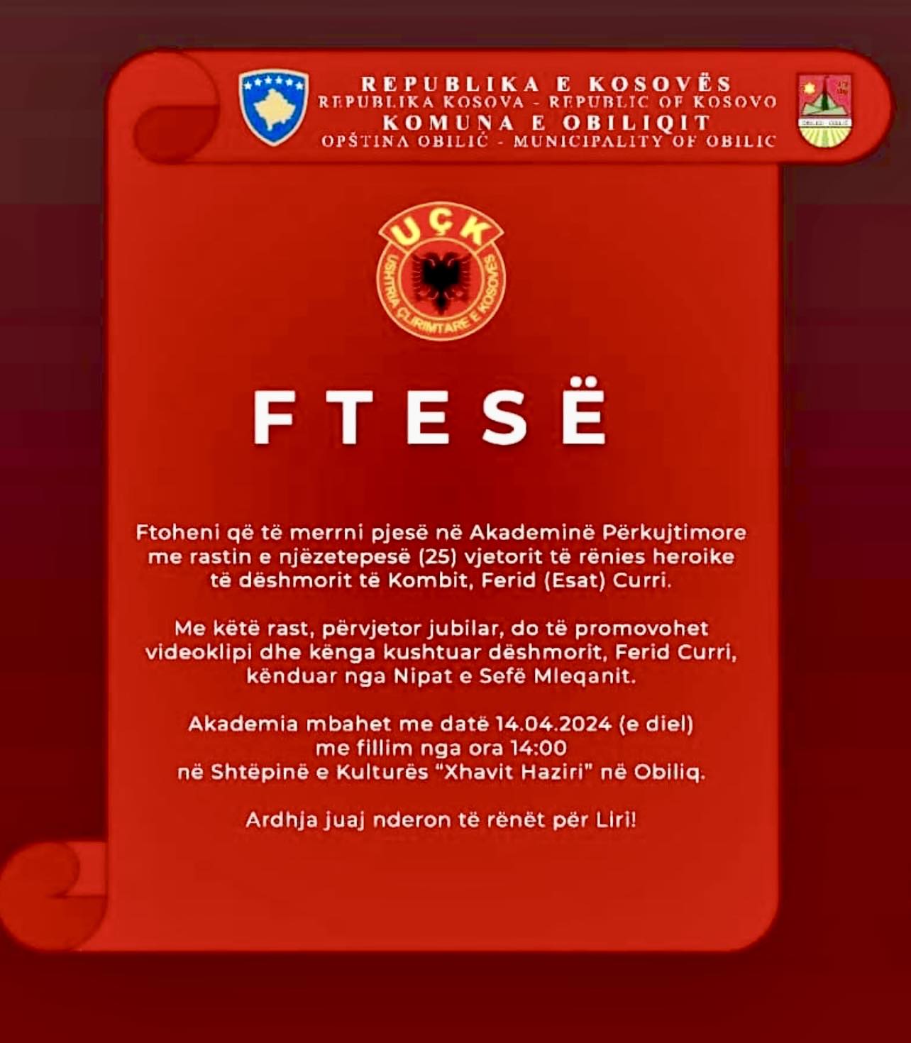 Akademi Përkujtimore në 25 vjetorin e rënies heroike të dëshmorit Ferid ...