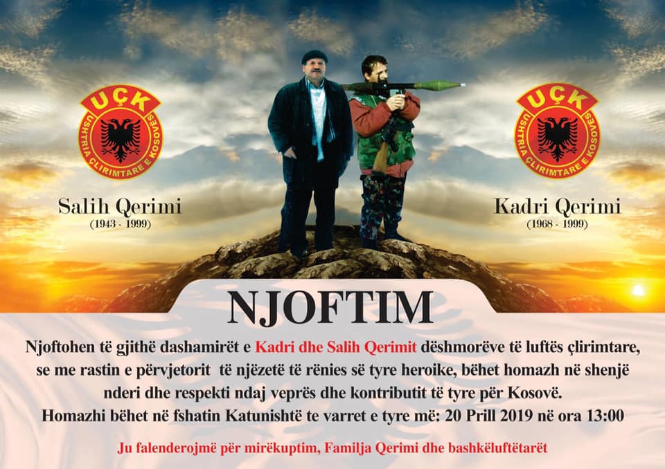 Më 20 prill 2019 përkujtohen dësmorët Salih dhe Kadri Qerimi në njëzet ...