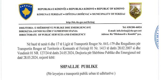 Shpallje publike për kryerjen e transportit publik urban të udhëtarëve ...